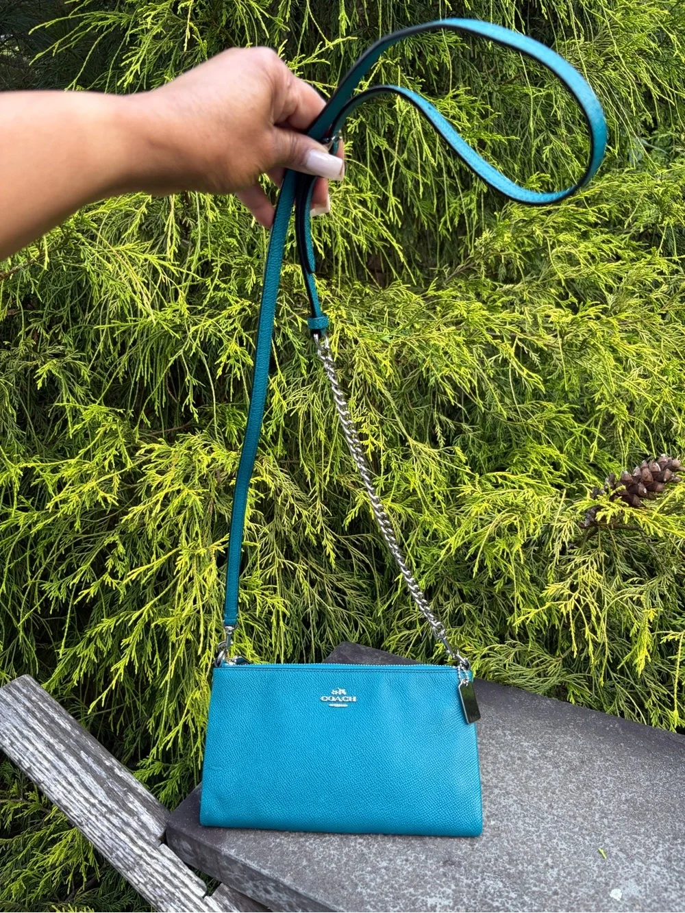 Coach | Bags | Coach Teal Pebbled Leather Crossbody With Chain Strap ...